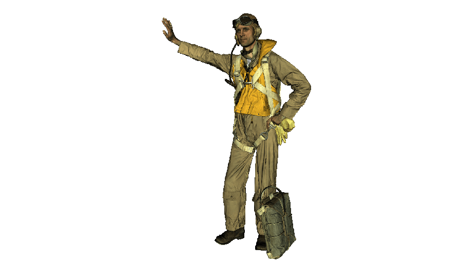 US Navy WW2 pilot in overall and QAS parachute harness, standing 1