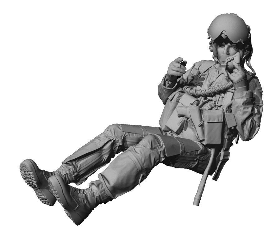 USAF modern fighter pilot sitting 2 with JHMCS helmet, calling PC