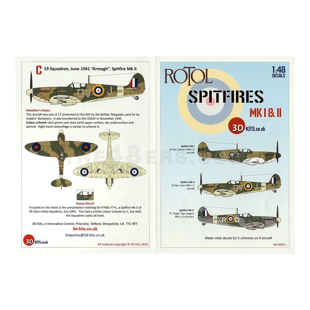 Rotol propeller Spitfires MK I & II decal sheet