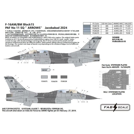 F-16AM/BM Block15 PAF No 11 SQ ”ARROWS”Jacobabad 2024 FAB SCALE FD48042 ...