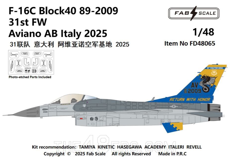 F-16C Block40 89-2009 31st FW Aviano AB Italy 2025 FAB SCALE FD48065 1:48
