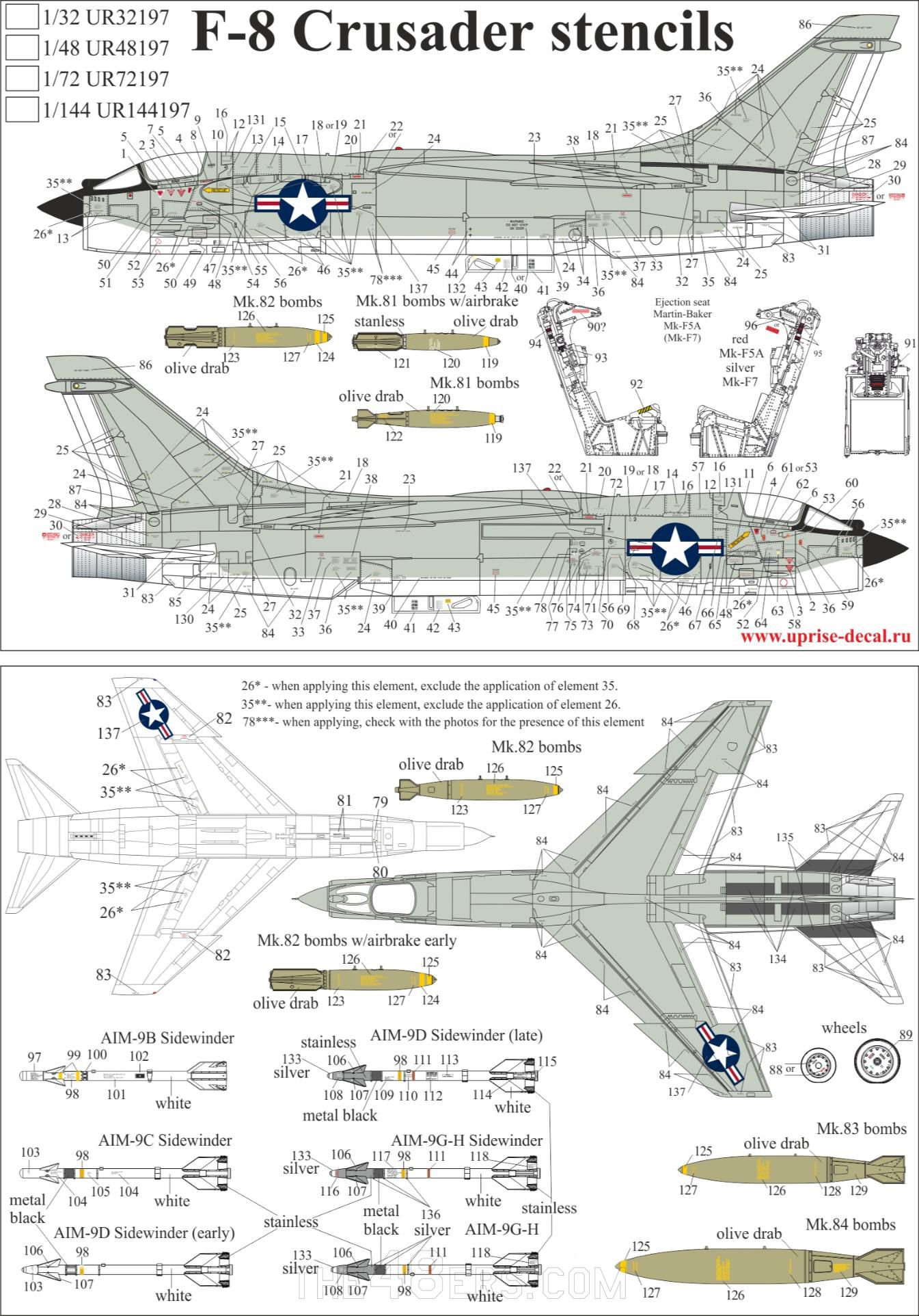 F-8 Crusader stencils UpRise Decals UR32197 1:32