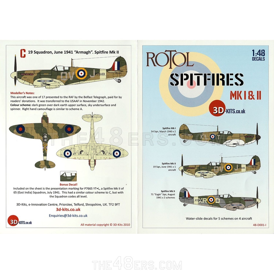 Rotol propeller Spitfires MK I & II decal sheet